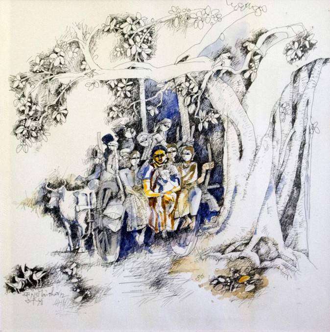 Village Folk Scene by artist Manohar Natarajan – Image, Painting | Mojarto