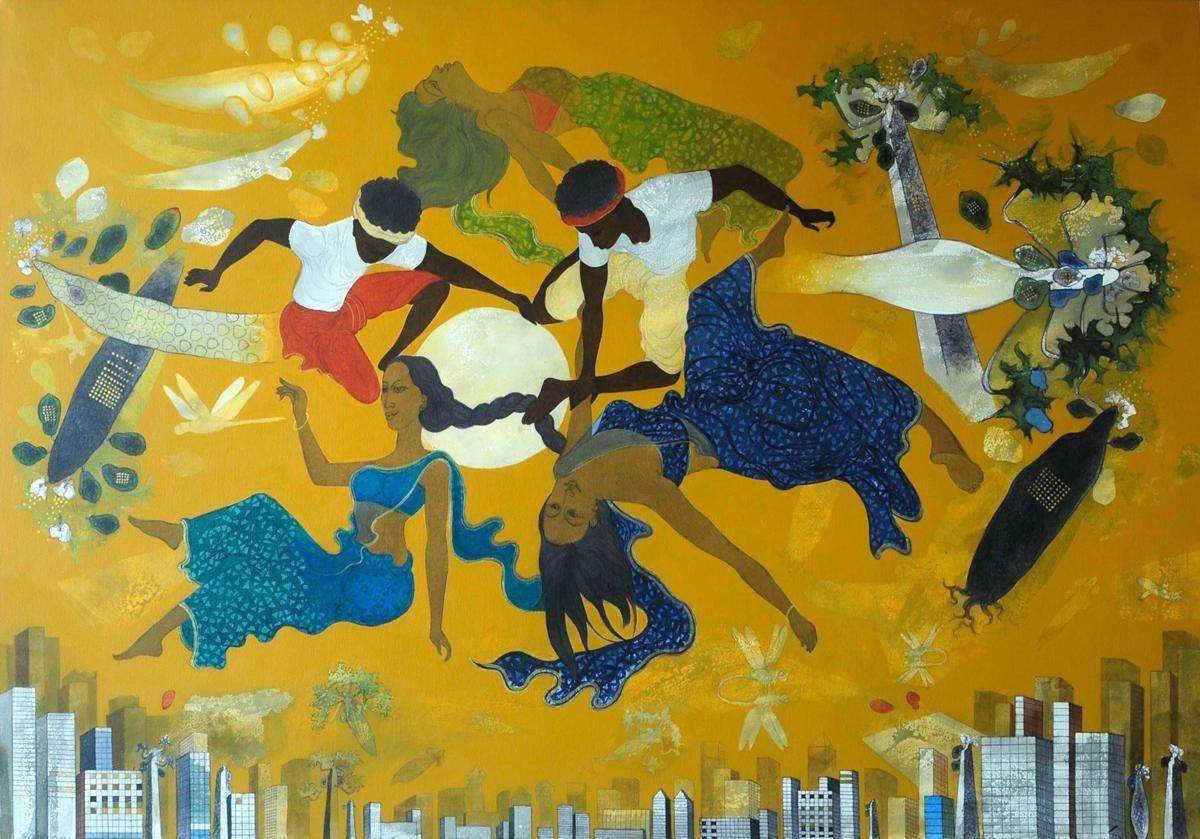 Aerial dance on City skyline by artist Jeevan Salian – Image, Painting ...