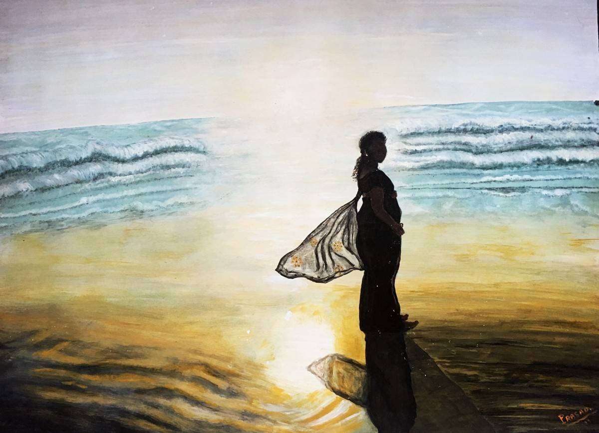 Woman wearing sarry in sea beach between sunshine & shadows by artist S ...