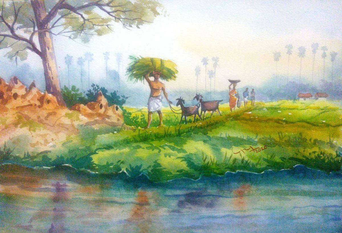 Village Life Landscape by artist BALAKRISHNAN S – Image, Painting | Mojarto