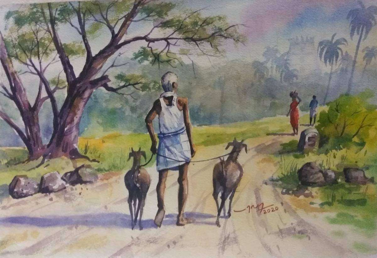 Village Life Landscape by artist BALAKRISHNAN S – Image, Painting | Mojarto