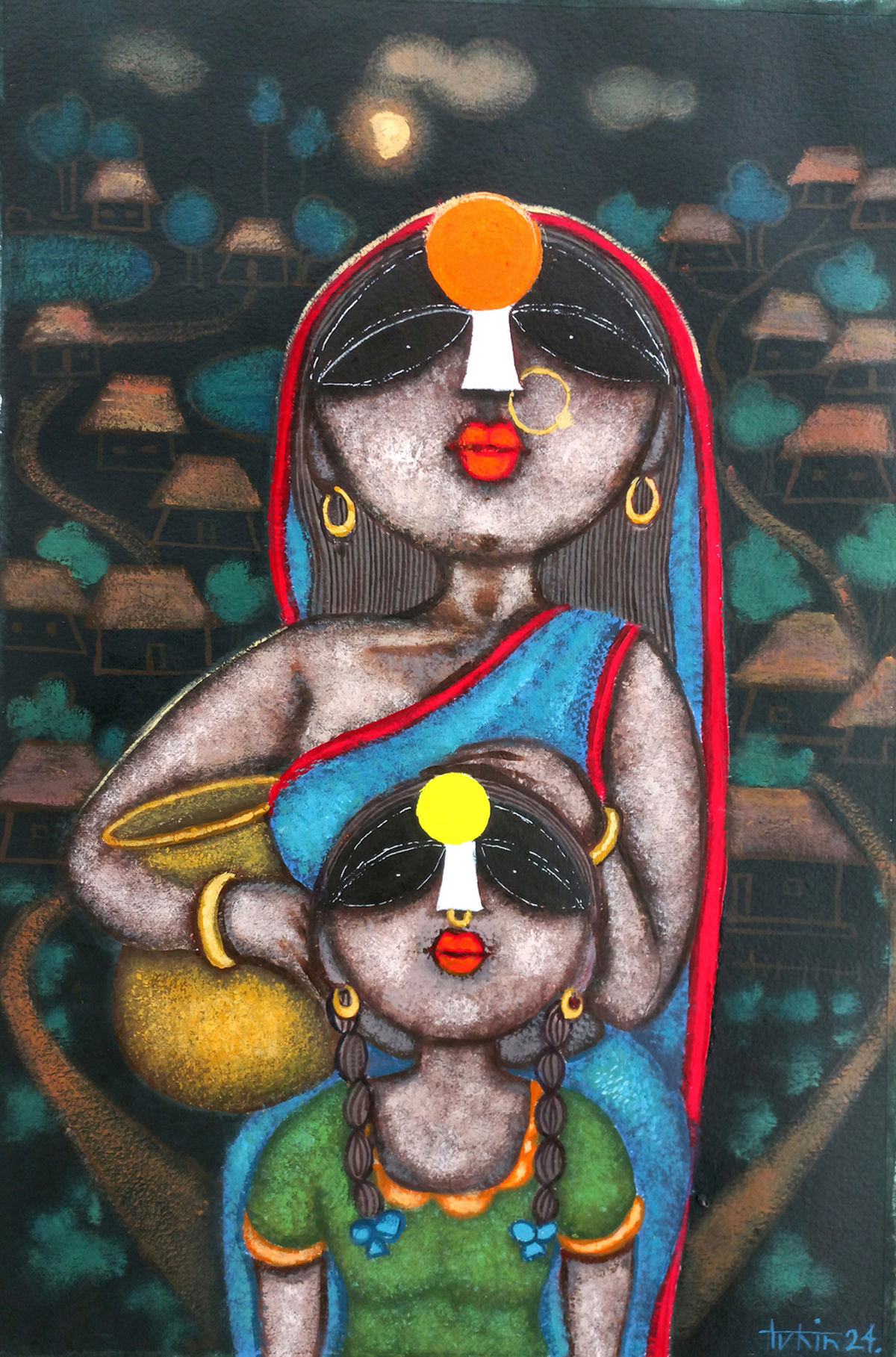 Mother & Daughter in Moon light Original Woman Painting by Tuhin ...